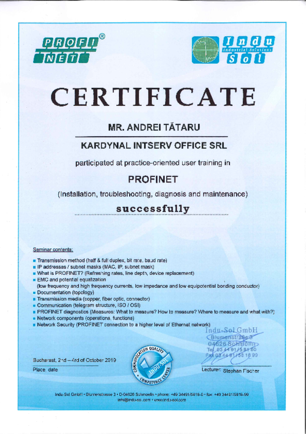 Certificari ISO si ANRE - obtinute de catre firma Kardynal Industrial